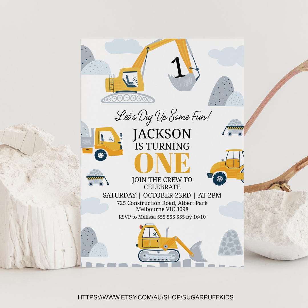 Editable Dig up Some Fun Construction 1st Birthday Invite, Printable ...