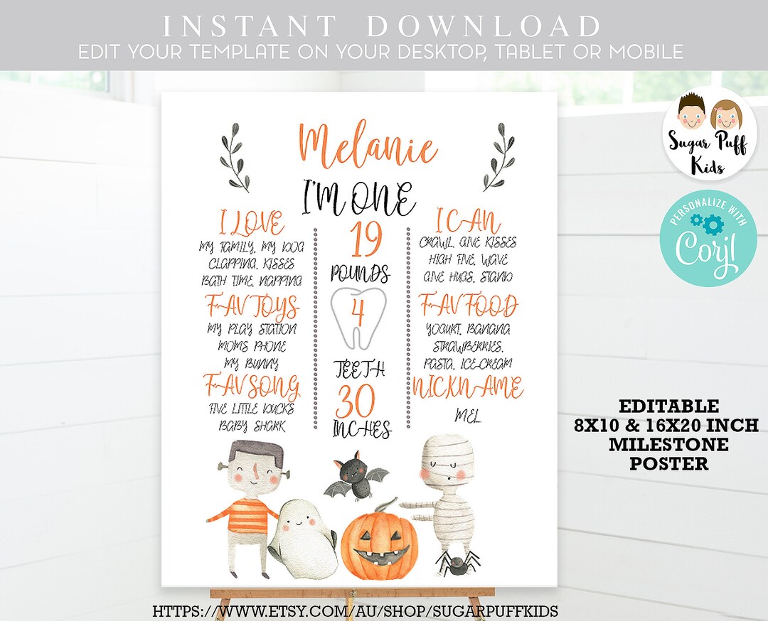 Watercolor Halloween Milestone Poster, Halloween 1st Birthday Milestone ...
