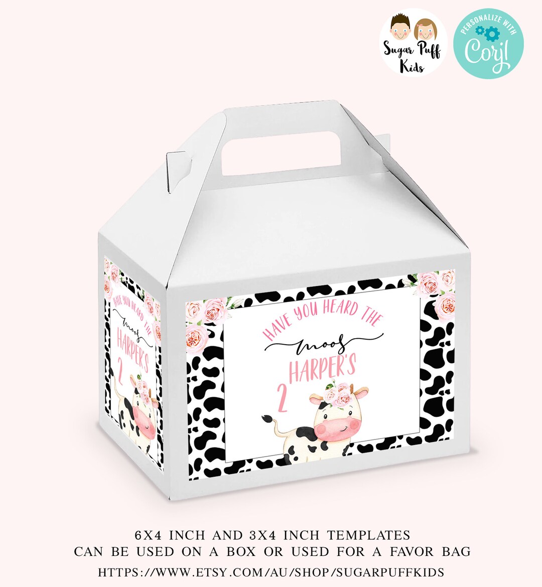 Printable Pink Floral Cow Favor Box Label, Instant Cow Print Birthday ...