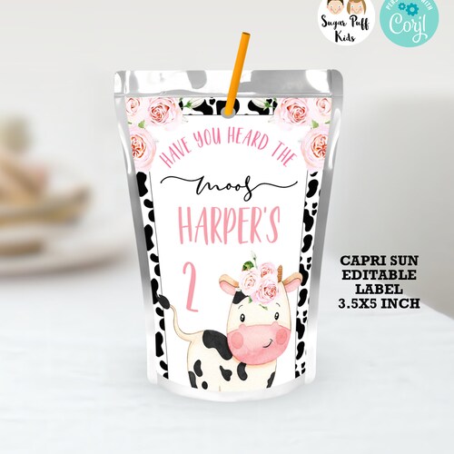 Editable Pink Floral Cow Capri Sun Label Printable Cow Print - Etsy