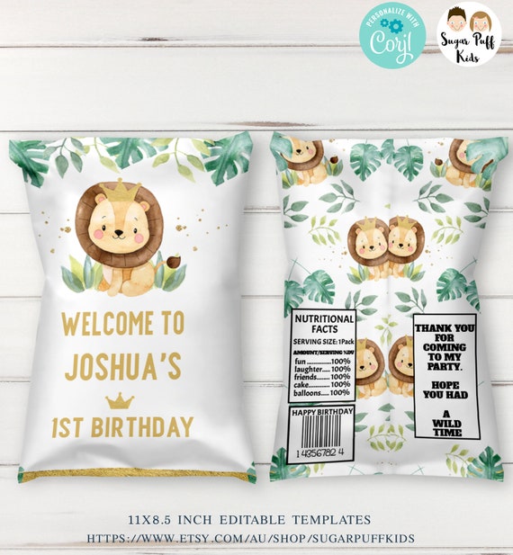 Printable Boys Our Little King Lion Birthday Party Chip Bag, Editable ...