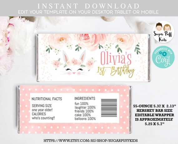 Bunny Chocolate Bar Wrappers, Bunny Face Birthday Chocolate Bar wrapper ...