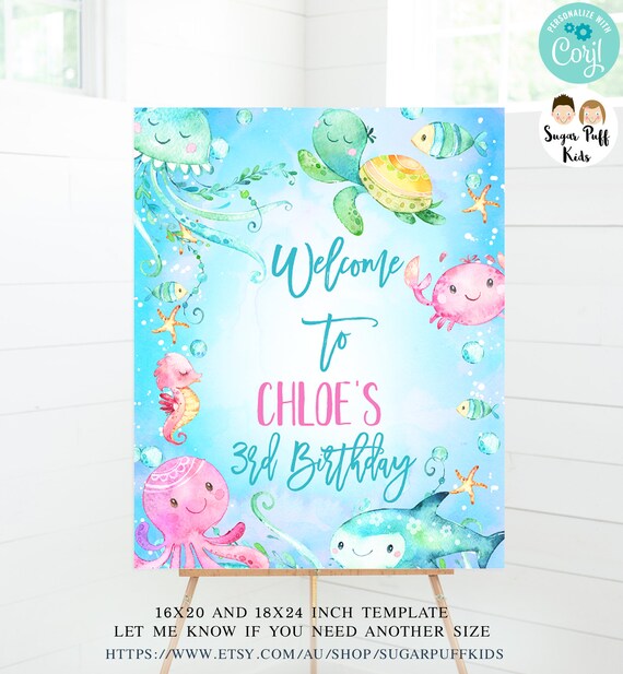Editable blue under the sea birthday welcome sign, Instant download ...