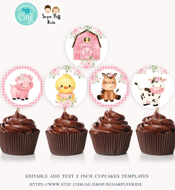 Printable Floral Pink Farm Cupcake Toppers, Editable Girls Farmyard ...