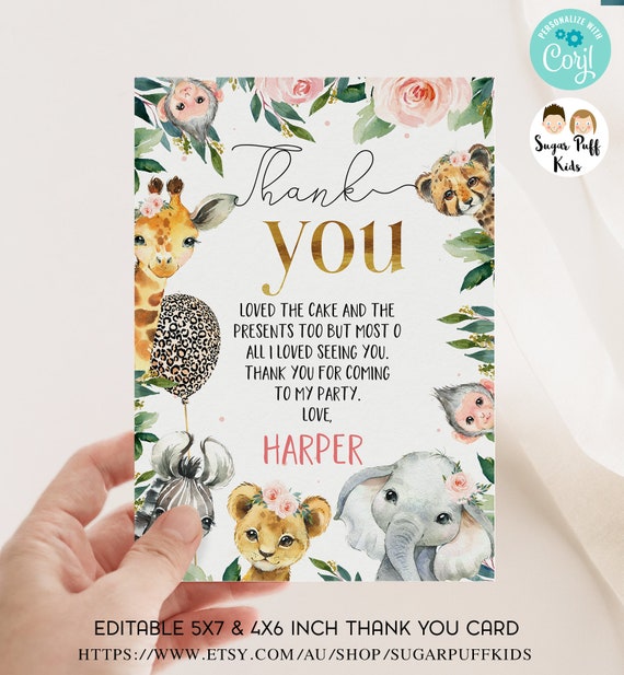 Editable Safari Animals Thank You Card, Printable Jungle Themed ...