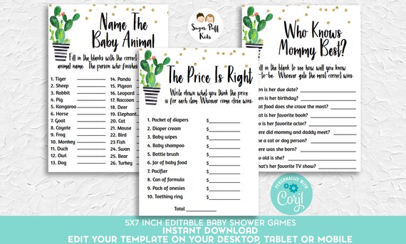 Cactus baby shower games, Printable potted cactus baby shower games ...