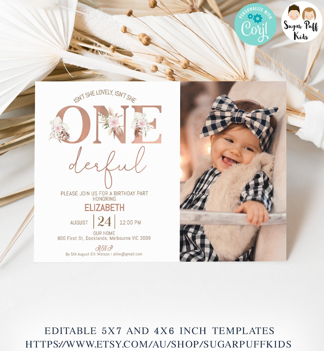 Editable Miss One-derful 1st Birthday Invite, Printable Boho Floral ...