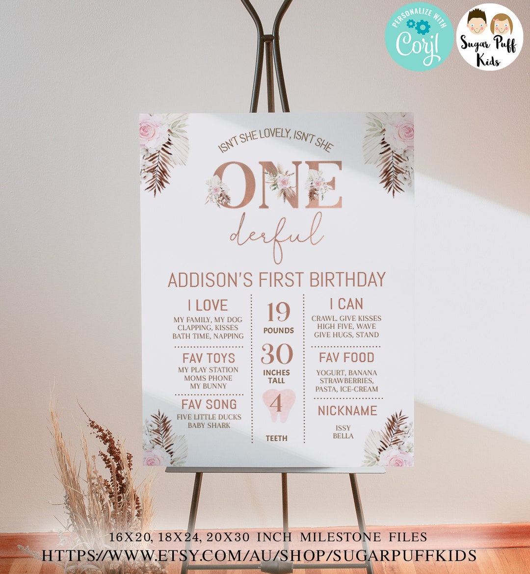 Editable Rose Pink Boho Floral Onederful Birthday Milestone Board ...