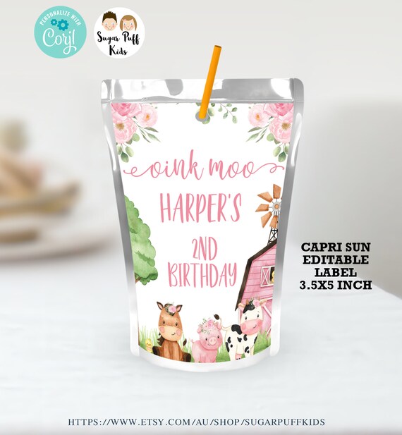 Editable Girls Pink Farm Capri Sun Label, Printable Barnyard Birthday ...