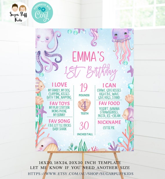 Editable purple octopus under the sea milestone poster, Printable Sea ...