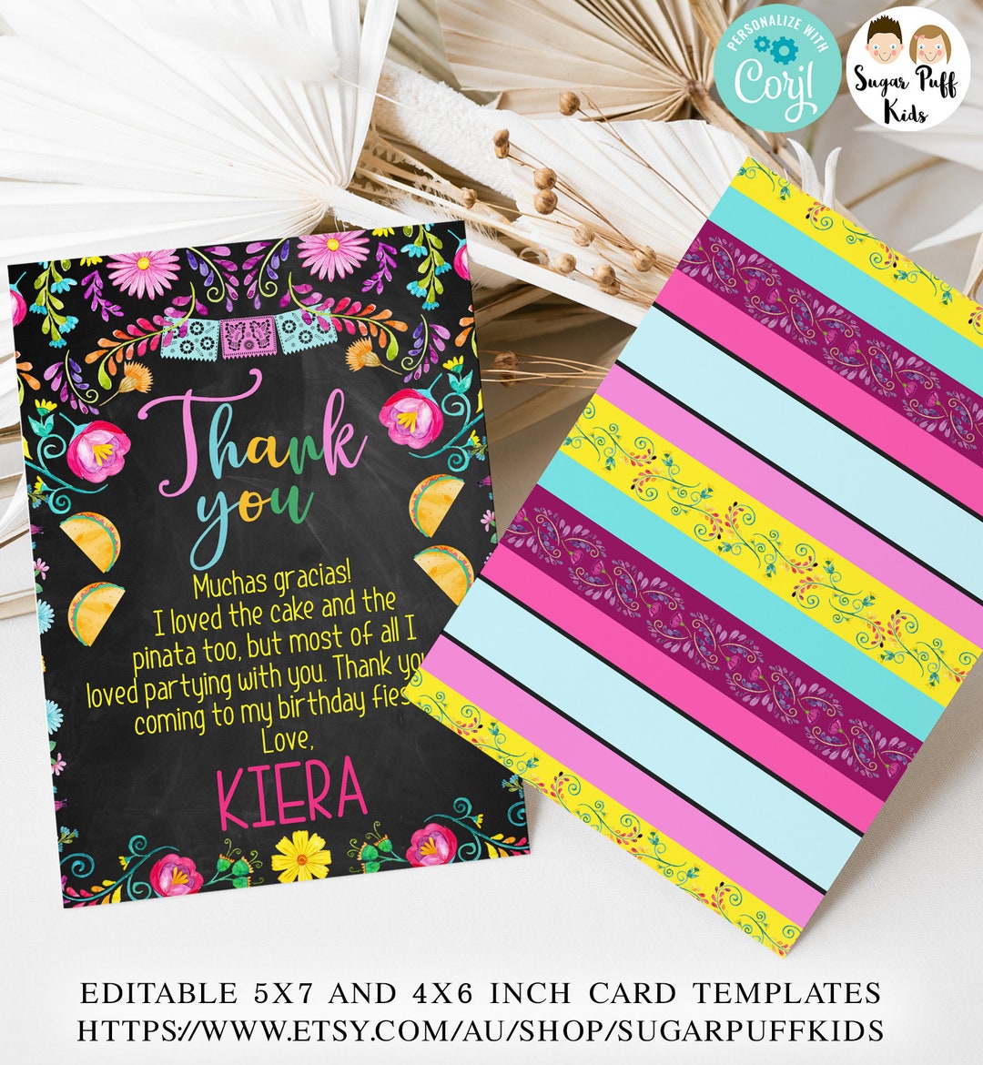 Editable Floral Taco Fiesta Thank You Card, Printable Chalkboard Fiesta ...