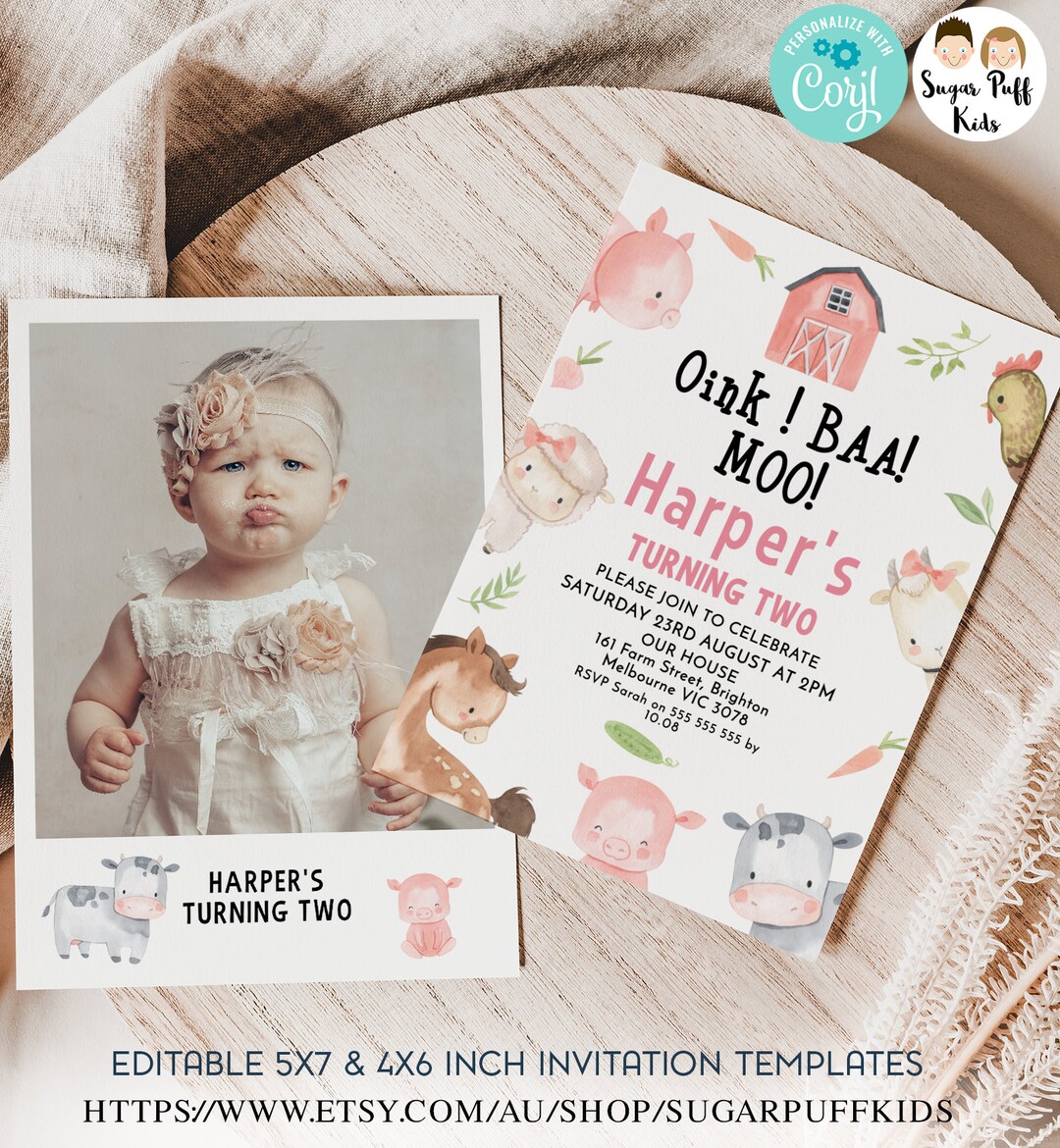 Editable Modern Farm Oink Baa Moo Birthday Invitation, Printable Girls ...