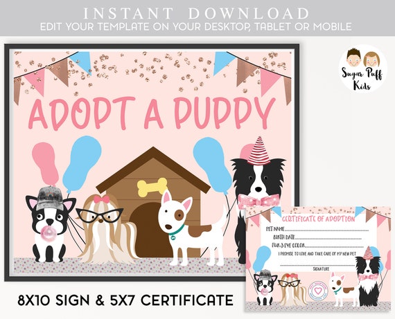Instant download adopt a puppy sign with certificate, Pink adopt a ...
