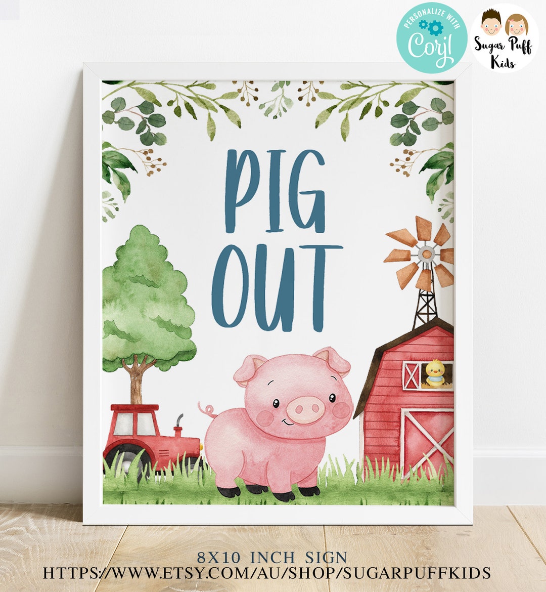 Printable Red Farmyard Party Sign, Instant Download Cute Farm Pig Out ...