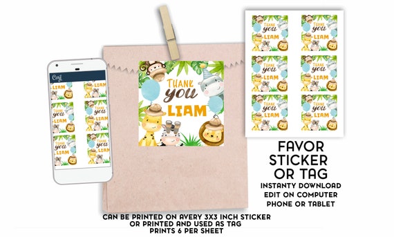 Safari themed favor tag or sticker, Jungle animals tag, Safari animals ...