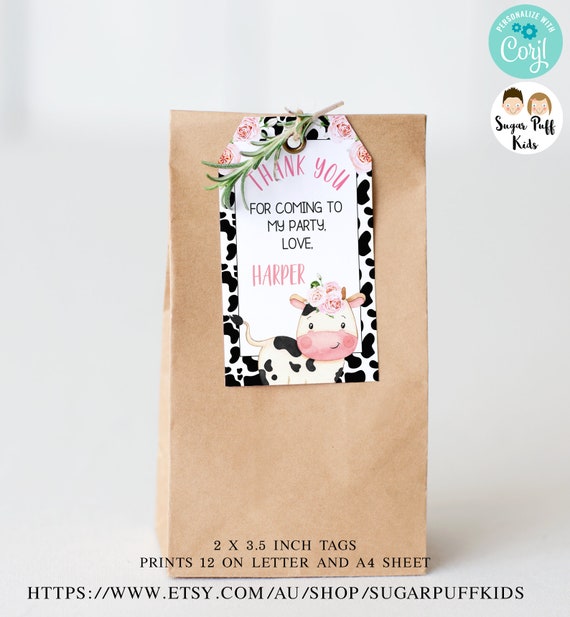 Editable Pink Floral Cow Thank You Tag, Printable Cow Print Birthday ...
