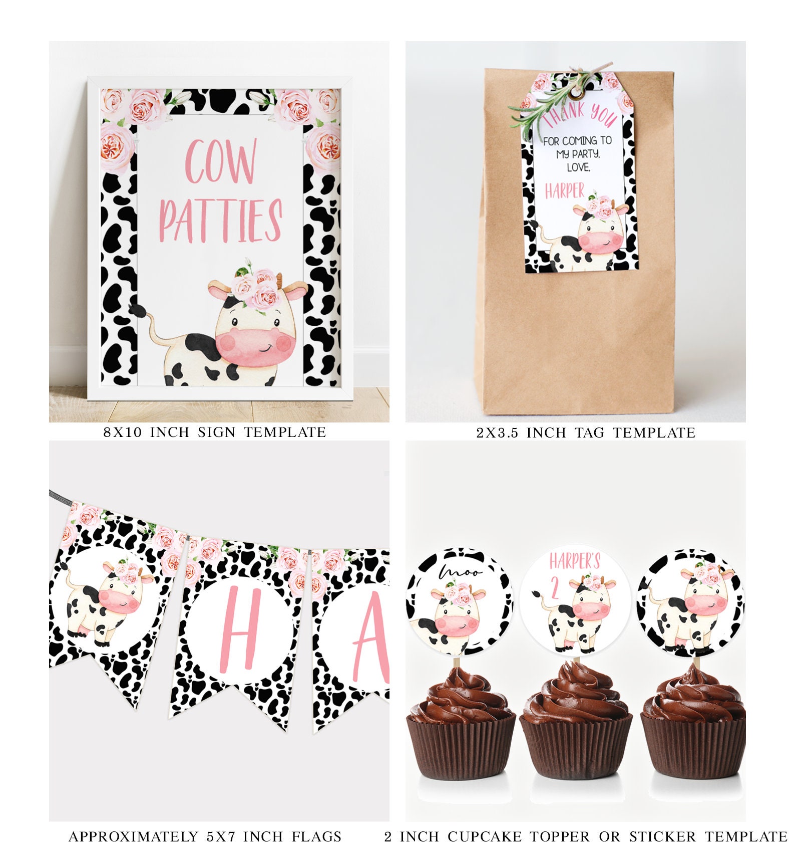 Editable Pink Floral Cow First Birthday Bundle Printable - Etsy Canada