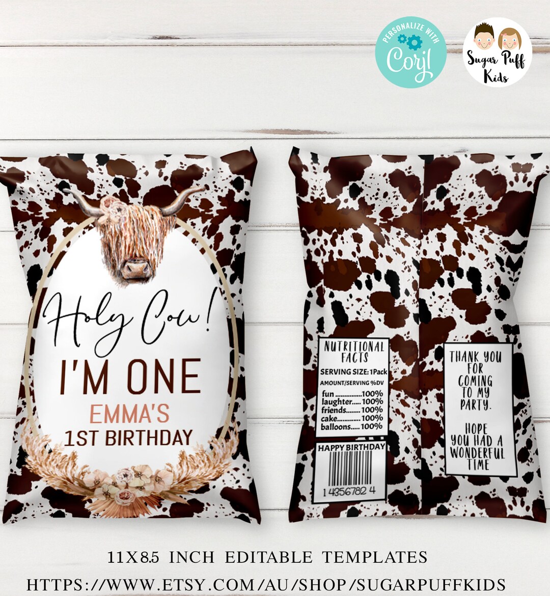 Editable Boho Florla Highland Cow Print Birthday Chip Bag, Instant ...