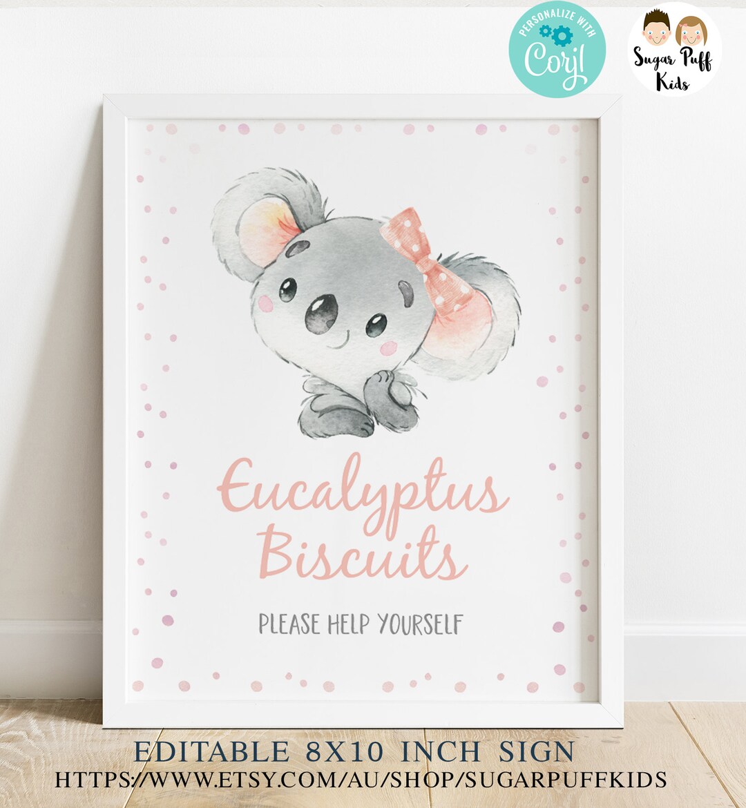 Printable Koala Bear Party Sign, Instant Download Pink Grey Koala Bear ...