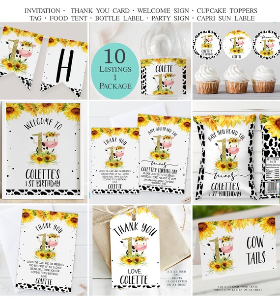 Printable Sunflowers Cow First Birthday Invite Editable Girls - Etsy
