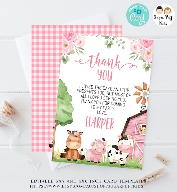 Editable floral pink farm thank you card, Printable pink barn birthday ...
