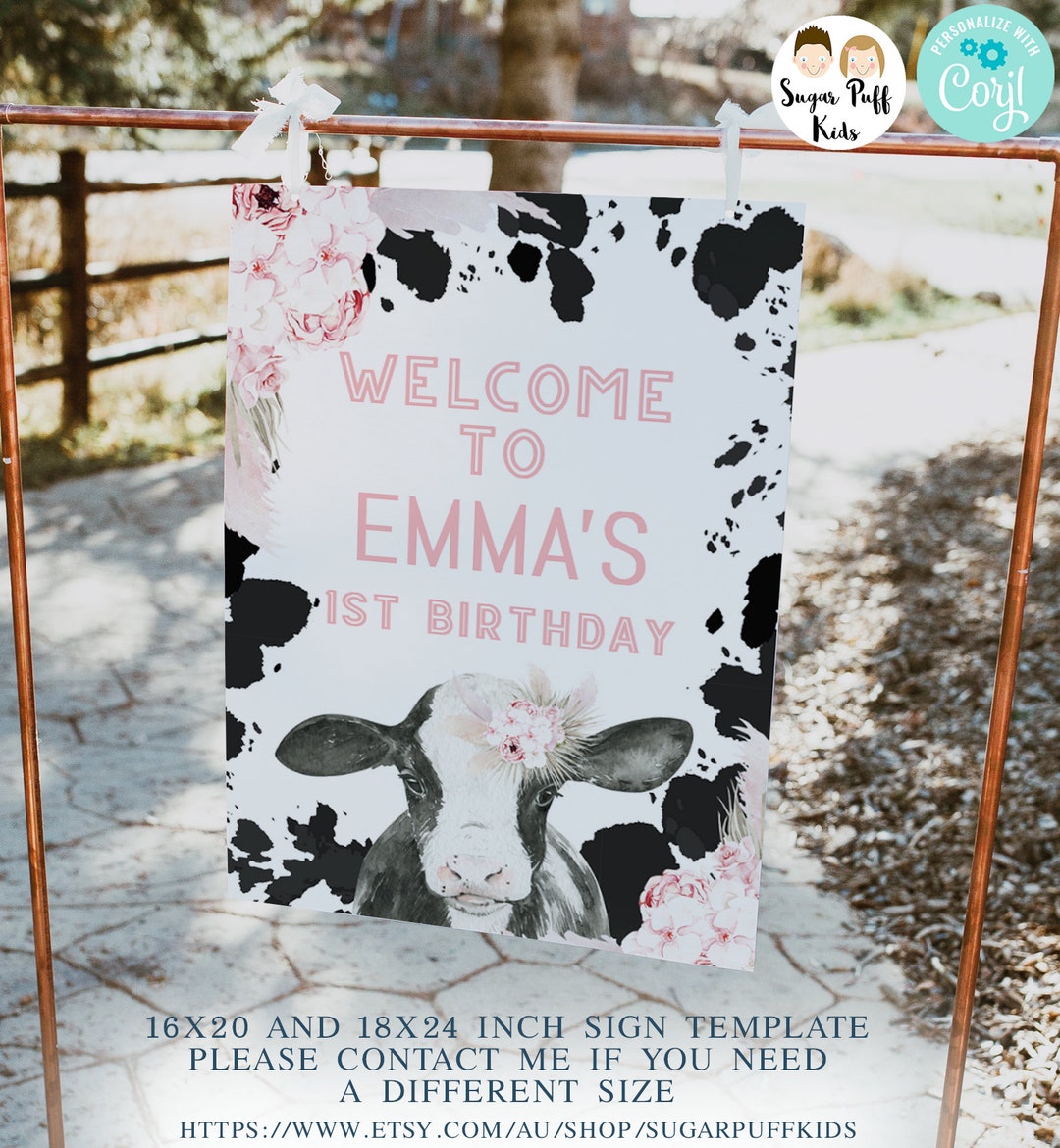 Editable Boho Pink Floral Holy Cow 1st Birthday Welcome Sign, Instant ...