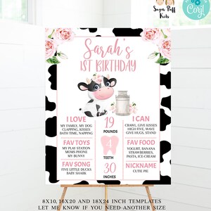 Editable Pink Floral Cow Cow Print Milestone Poster, Printable Cow 1st ...