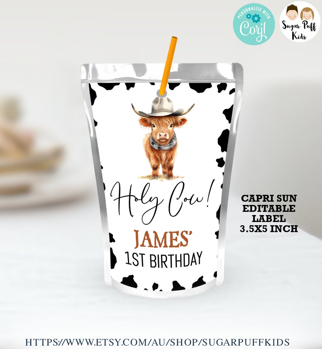 Editable Holy Cow Capri Sun Label, Printable Cow Print 1st Birthday ...