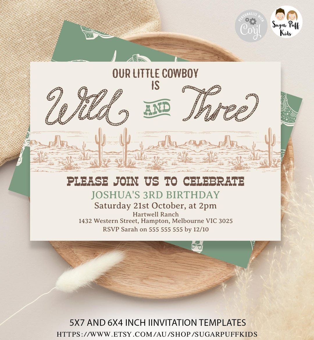 Editable Boys Wild and Three Rodeo 3rd Birthday Invitation, Vintage ...