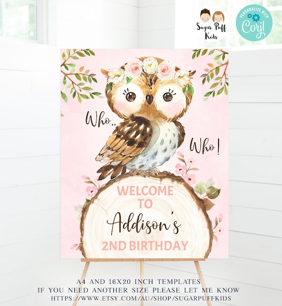 Printable Pink Floral Woodland Owl Welcome Sign, Editable Brown Owl ...