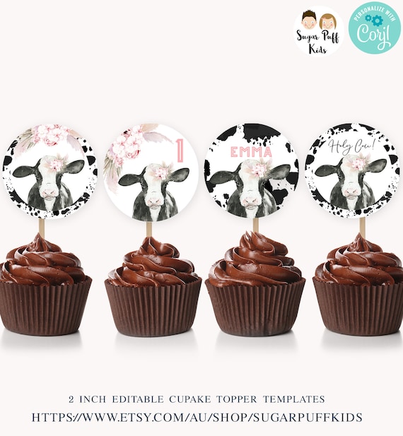 Printable Boho Pink Floral Cow Cupcake Toppers, Editable Cow Cake ...