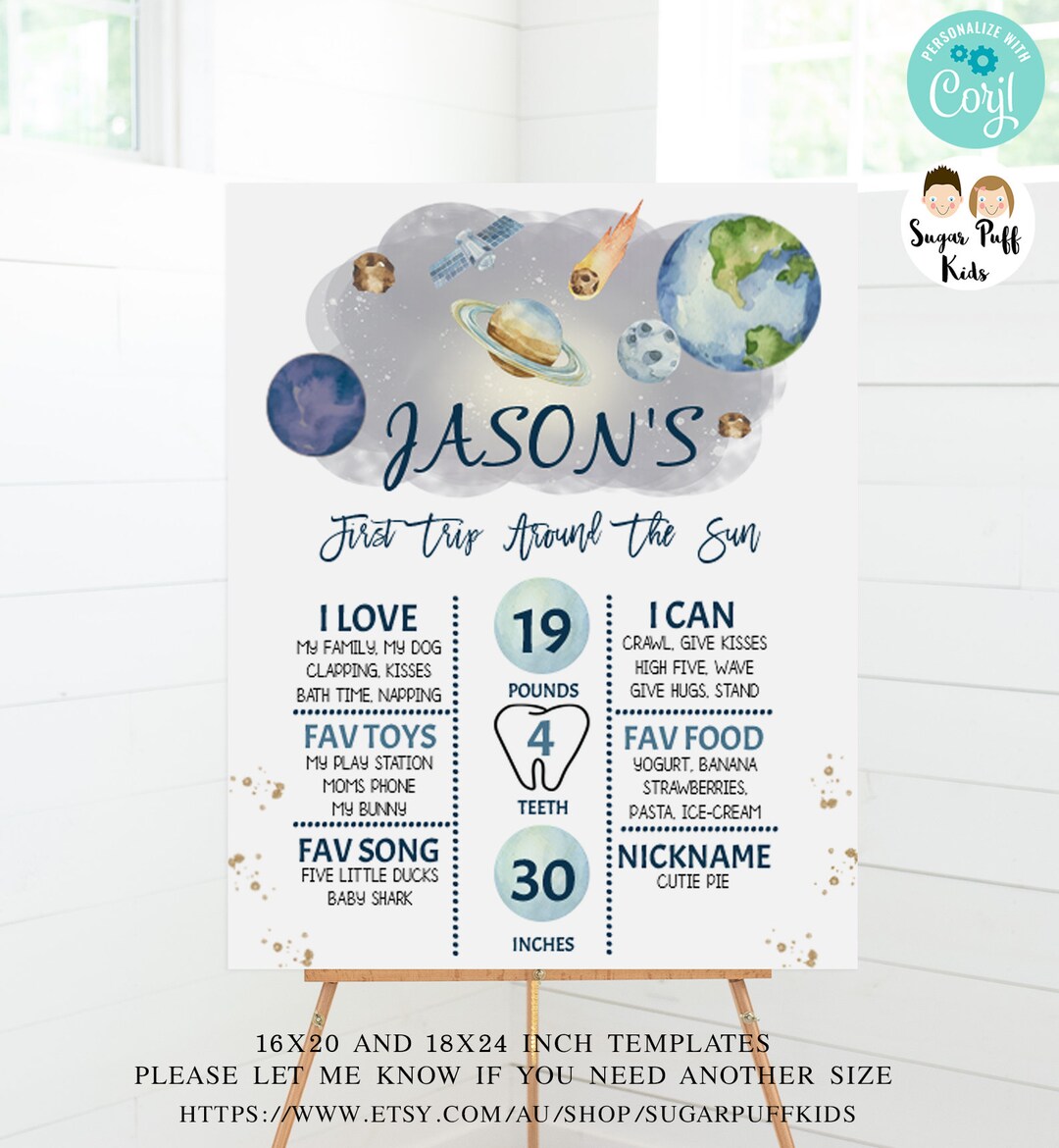 Editable First Year Around the Sun Birthday Milestone Poster, Printable ...