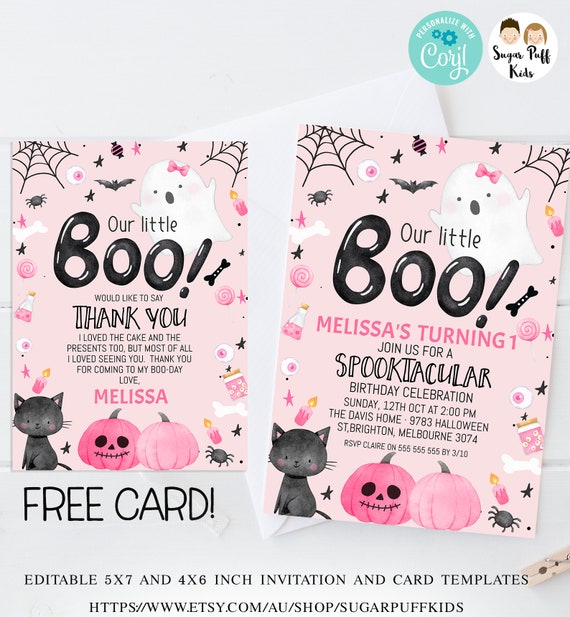 Editable Printable Pink Black Our Little Boo Halloween Birthday Invite ...