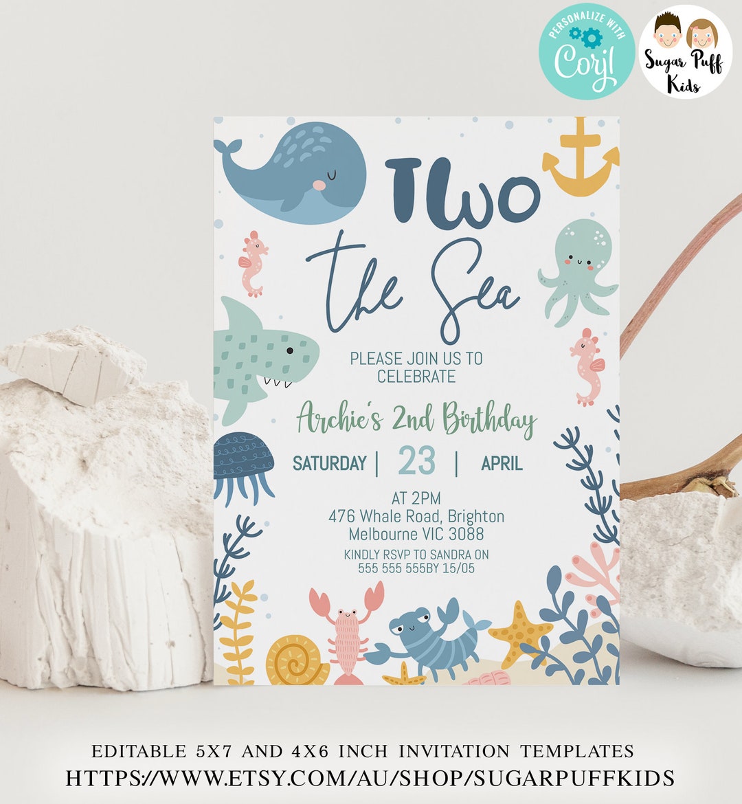 Editable Boys Two the Sea 2nd Birthday Invitation, TWO the Sea 2nd ...