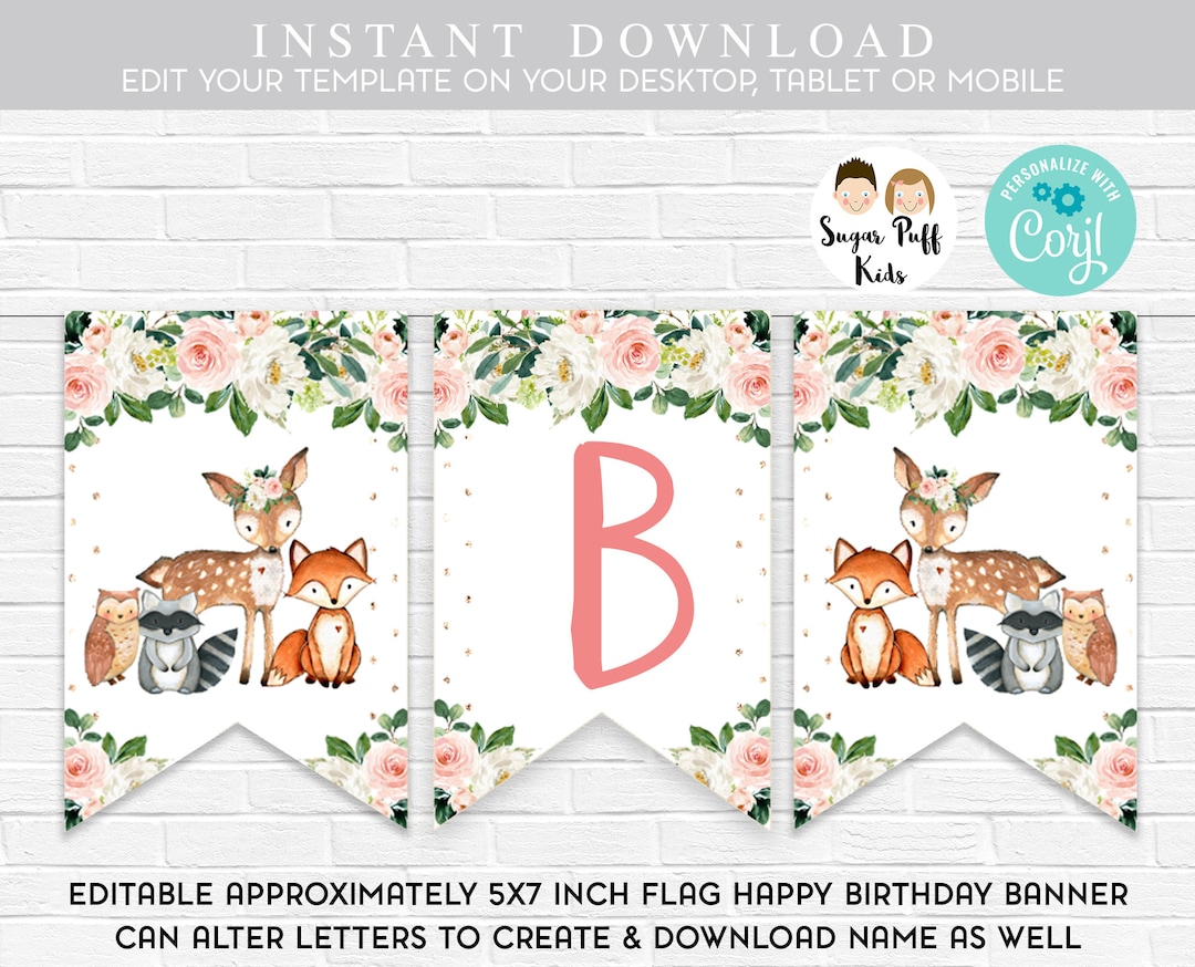 Girls Woodland Birthday Banner, Woodland Animals Birthday Banner ...
