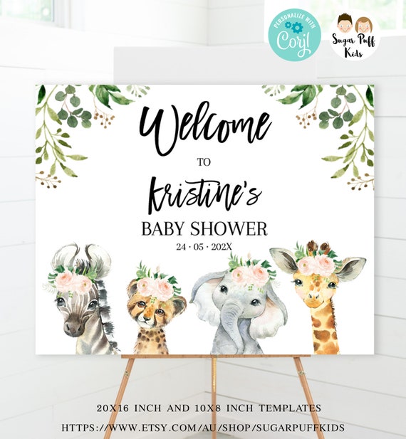 Printable Safari Animals Foliage Welcome Party Sign, Safari Baby Shower ...