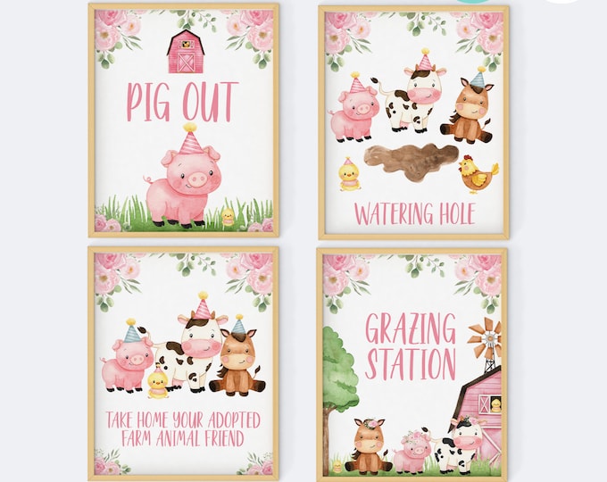 Printable Four Girls Pink Farm Birthday Signs, Girl Editable Pink ...