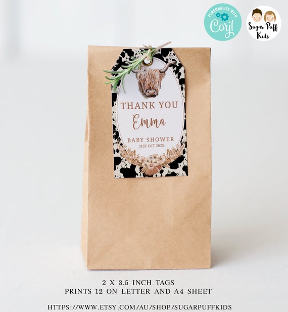 Editable Highland Cow Baby Shower Favor Tag, Printable Boho Floral ...