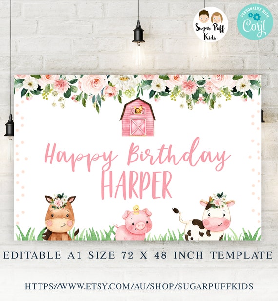 Editable Pink Floral Farm Backdrop, Printable Girls Farm Happy Birthday ...