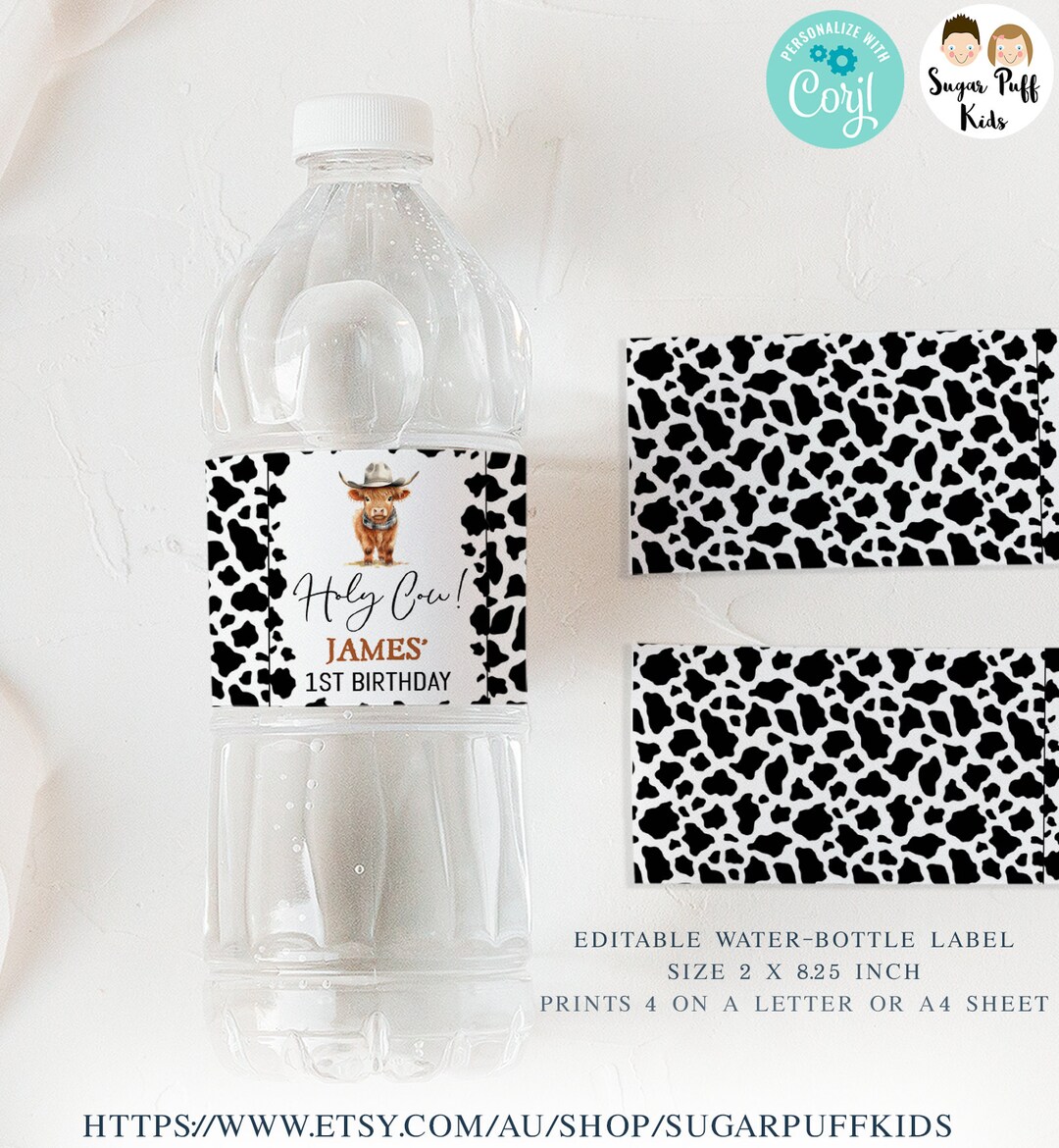 Editable Cow Print Water Label, Instant Download HIGHLAND Cow Water ...