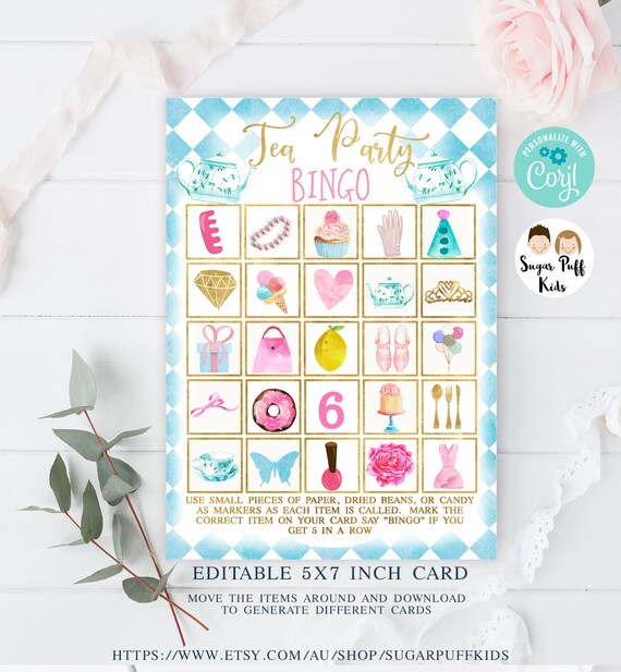 Editable kids Girls Tea Party Bingo Game, Printable Moveable Items Tea ...