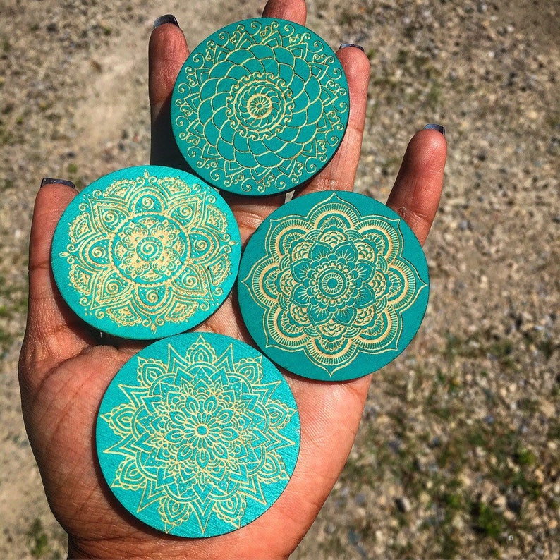 Round Wooden Laser Engraved Mandala Magnets Set set of 4 - Etsy