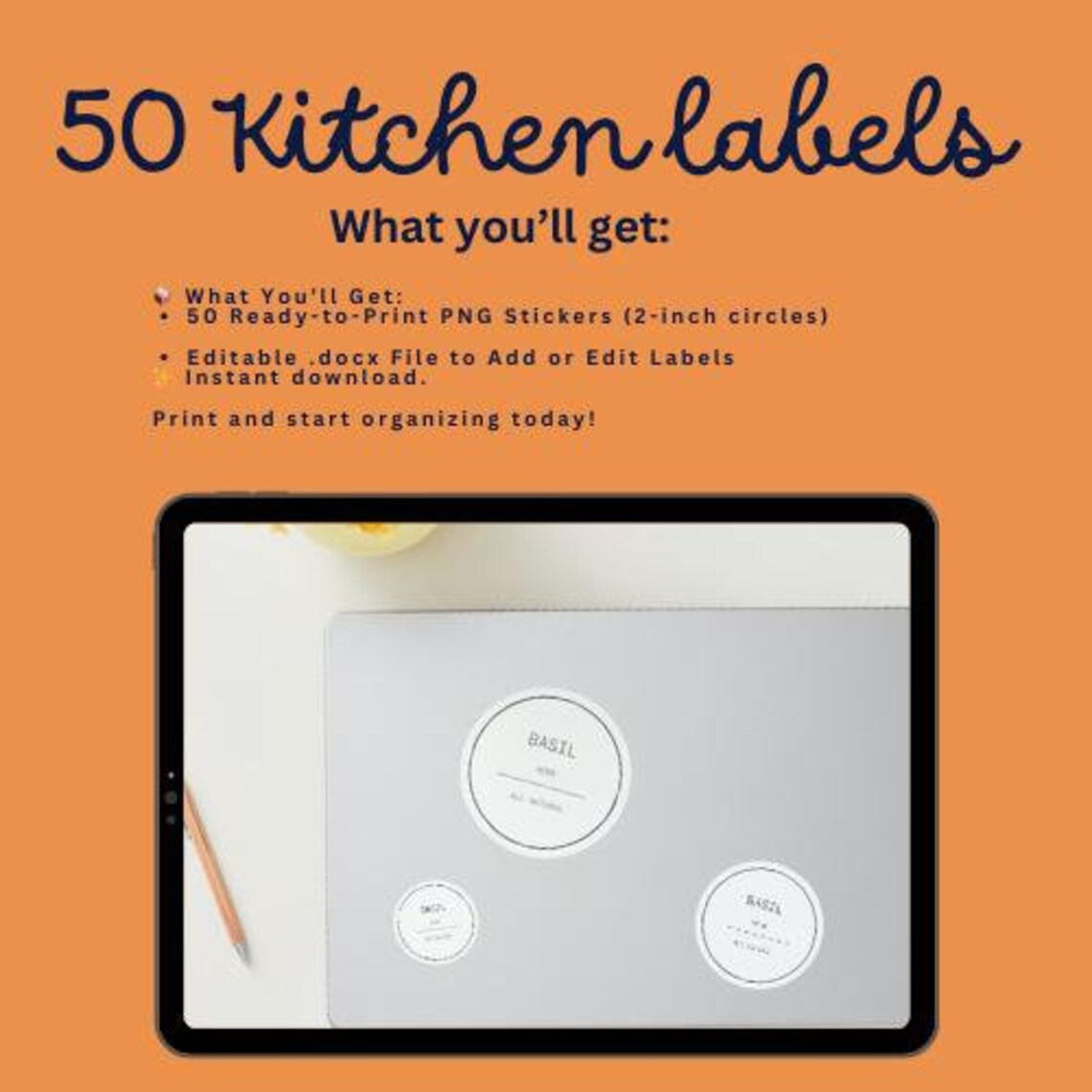 50 Minimalist Kitchen Labels Printable Circle Stickers for Herbs ...