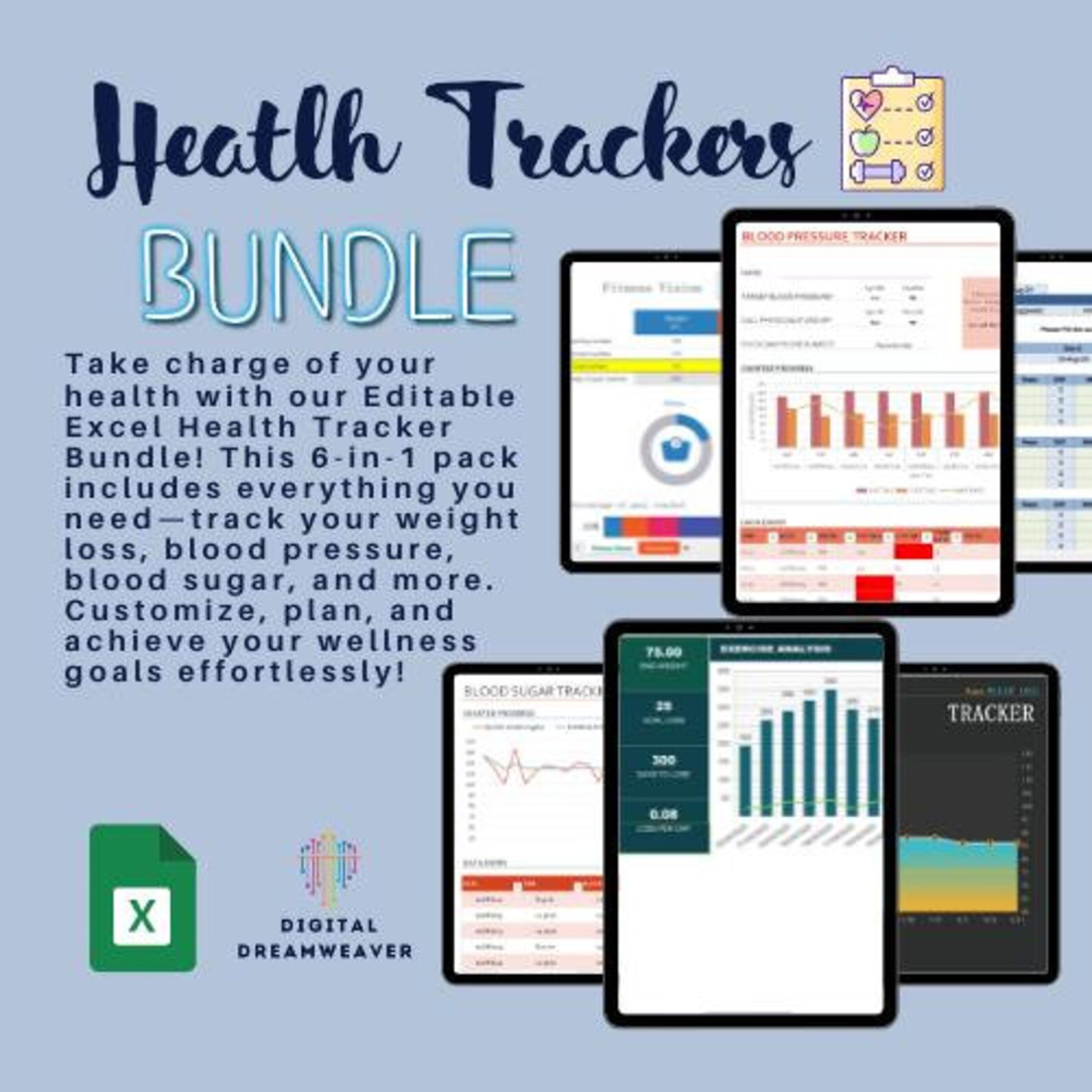 Editable Health Tracker Excel Bundle: 6-in-1 Wellness Planner - Etsy