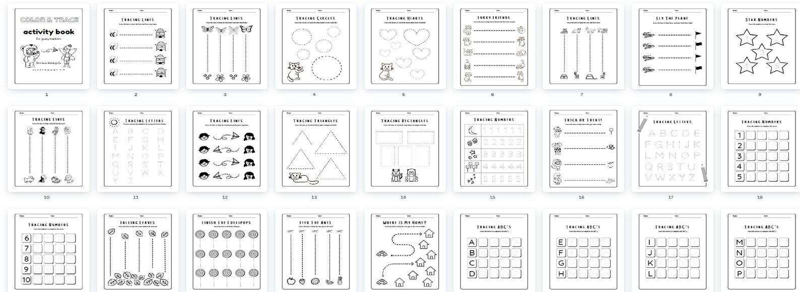 30 Printable Kids Activity Pages for Coloring & Tracing Sheets | Fun ...