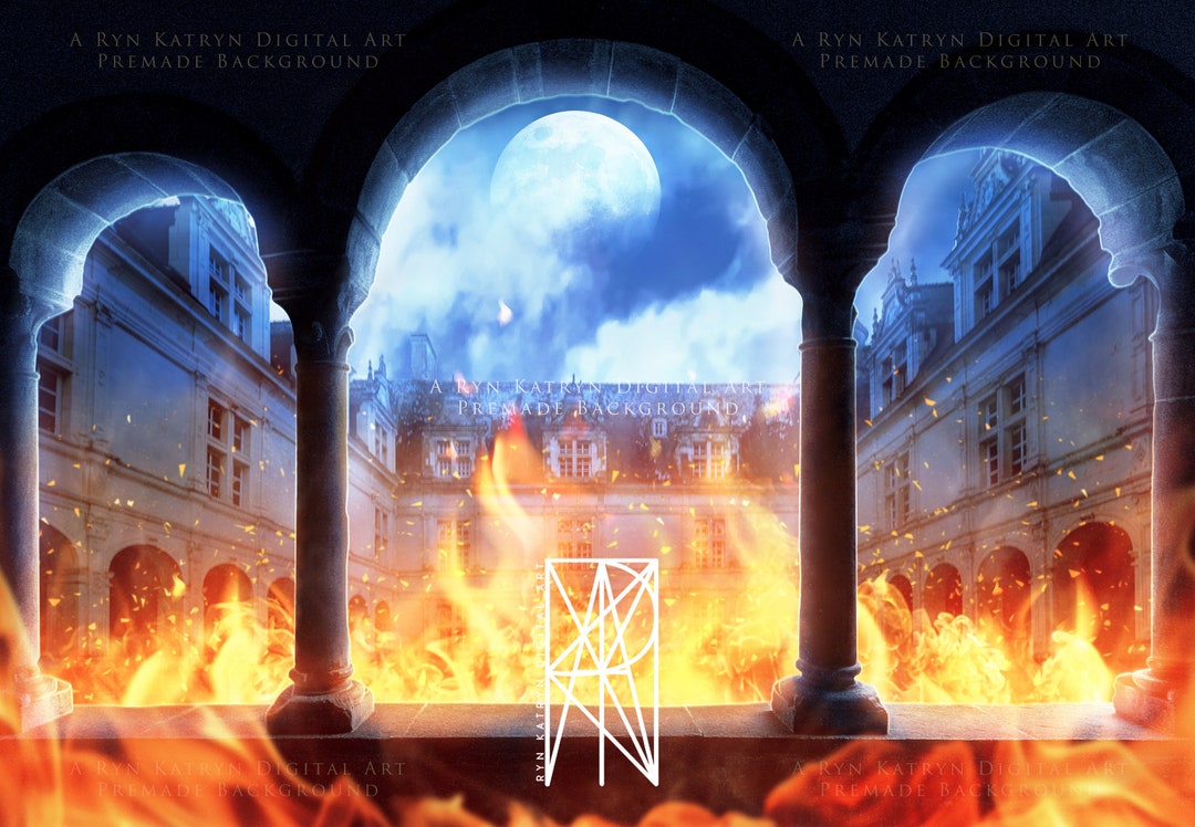Fantasy Courtyard on Fire Premade Background - Etsy