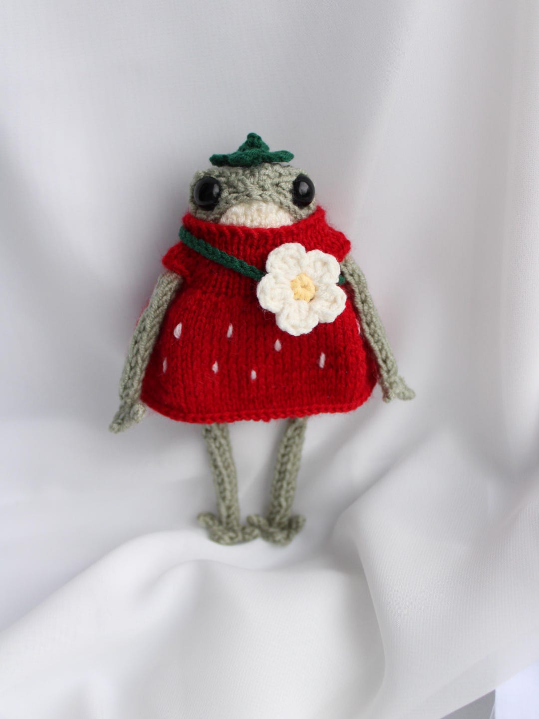 Knitted Frog in a Strawberry Costume, Cute Froggie in a Dress, Soft Toy ...