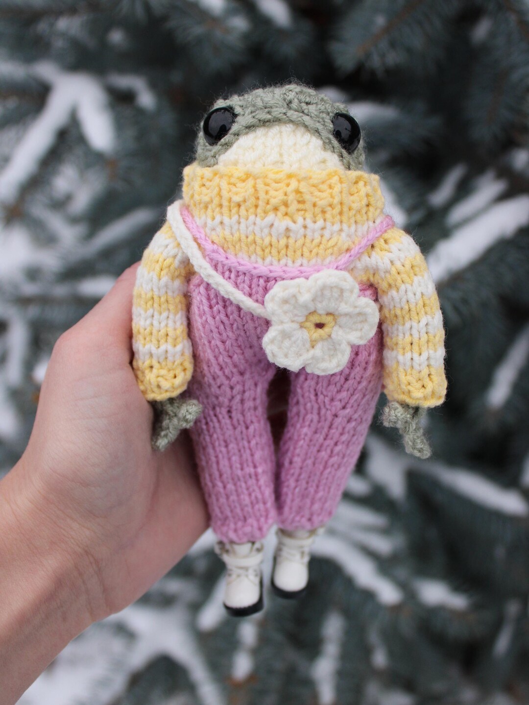 Knitted Frog in Sweater and Overalls, Handmade Froggie With Daisy ...