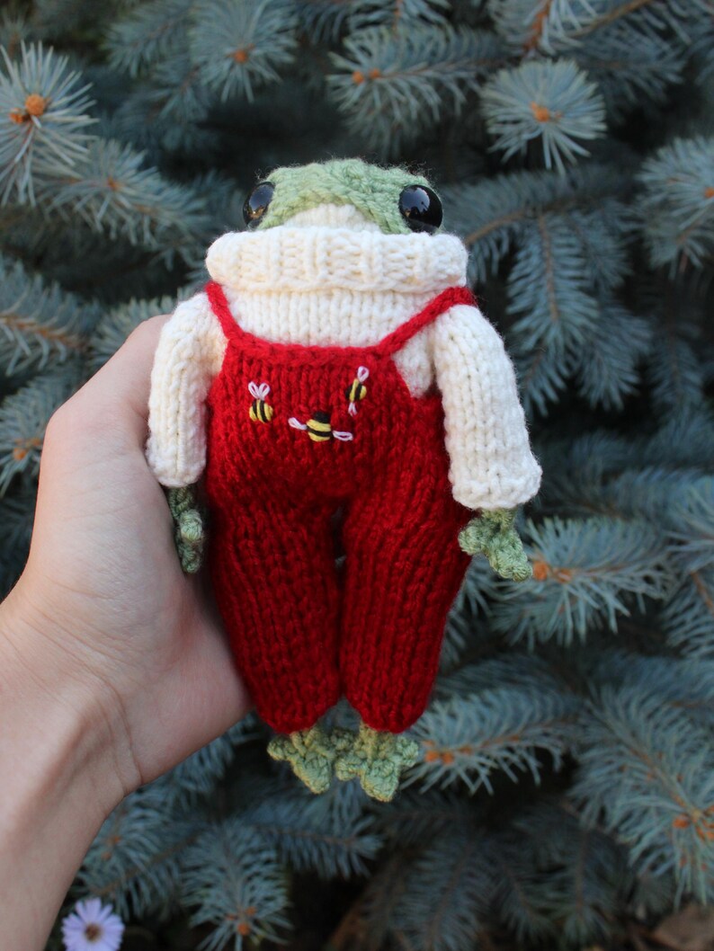 Knitted Frog in a Sweater and Overalls With Bee Embroidery - Etsy