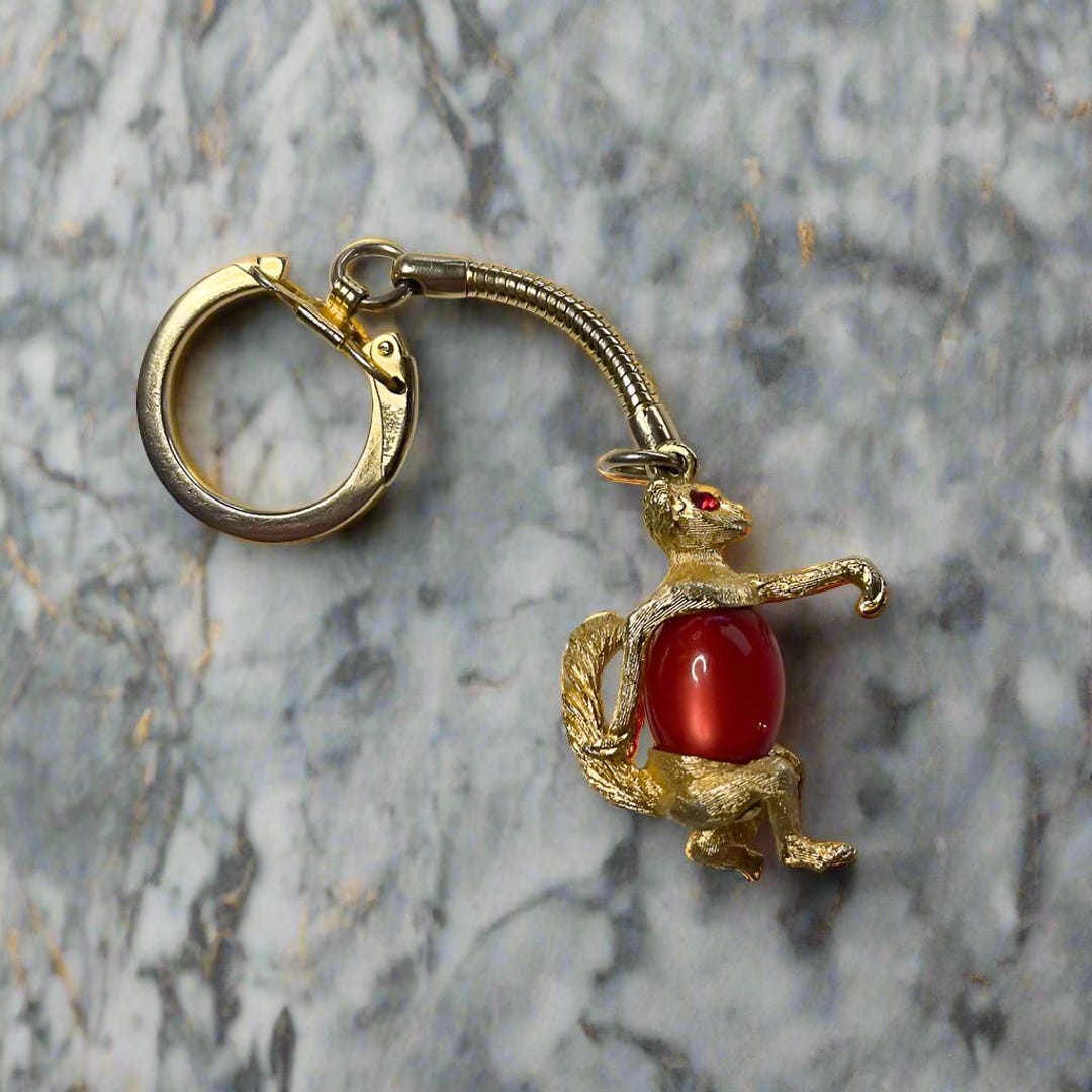 Vintage Monkey Keychain | Gold Tone With Red Gemstone Belly | Barrel ...